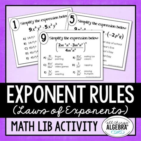 Exponent Rules Math Lib Activity All Things Algebra®