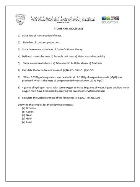 Grade 9 Atoms And Molecules Worksheet Pdf