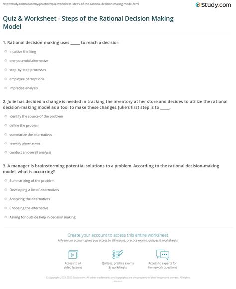 Quiz And Worksheet Steps Of The Rational Decision Making Model