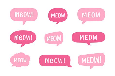 야옹 말풍선 세트 야옹 텍스트 귀여운 손으로 그린 인용문 고양이 소리 손글씨 낙서 문구 셔츠 카드 포스터 등에 인쇄하기 위한 벡터 그림 Onomatopoeia에 대한 스톡