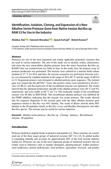Identification Isolation Cloning And Expression Of A New Alkaline Serine Protease Gene From