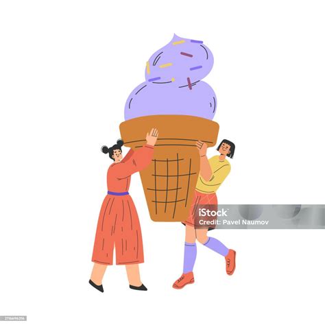 Fastfood 와 여자 특성 나르다 큰 아이스크림 에서 와플 컵 벡터 일러스트 개념에 대한 스톡 벡터 아트 및 기타 이미지