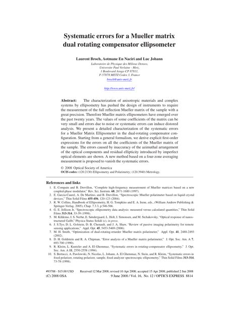 Pdf Systematic Errors For A Mueller Matrix Dual Rotating Compensator Ellipsometer