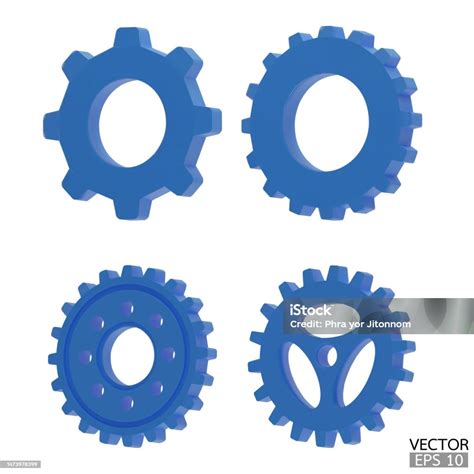 4 블루 기어 아이콘 세트입니다 파란색 변속기 톱니바퀴와 기어는 흰색 배경에 격리되어 있습니다 파란색 기계 기어 설정 기호 수리 및 최적화 워크플로 개념 3d 벡터
