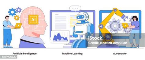인공 지능 기계 학습 캐릭터가 있는 자동화 개념 비즈니스 효율성 추상 벡터 일러스트 레이 션 세트입니다 스마트 알고리즘 데이터 분석 의사 결정 자동화 Cpu에 대한 스톡