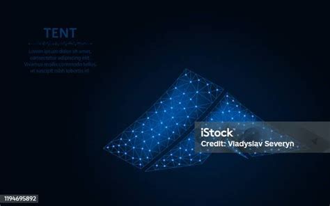텐트 낮은 폴리 디자인 캠핑 와이어 프레임 메쉬 다각형 벡터 일러스트는 어두운 파란색 배경에 포인트와 선으로 만든 0명에 대한