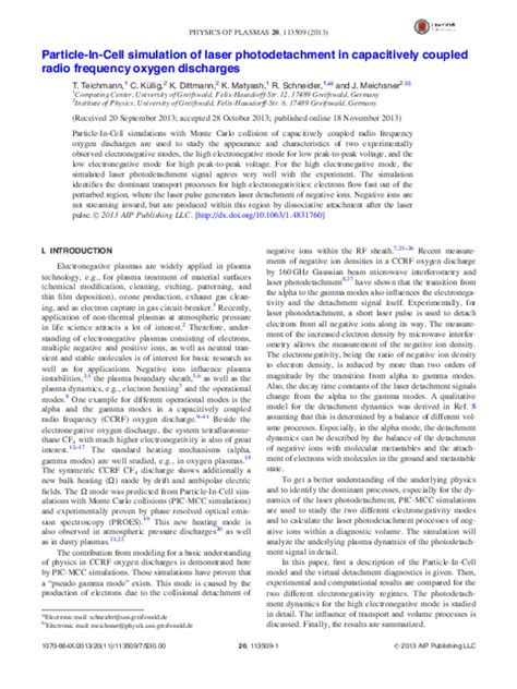 Pdf Particle In Cell Simulation Of Laser Photodetachment In Capacitively Coupled Radio
