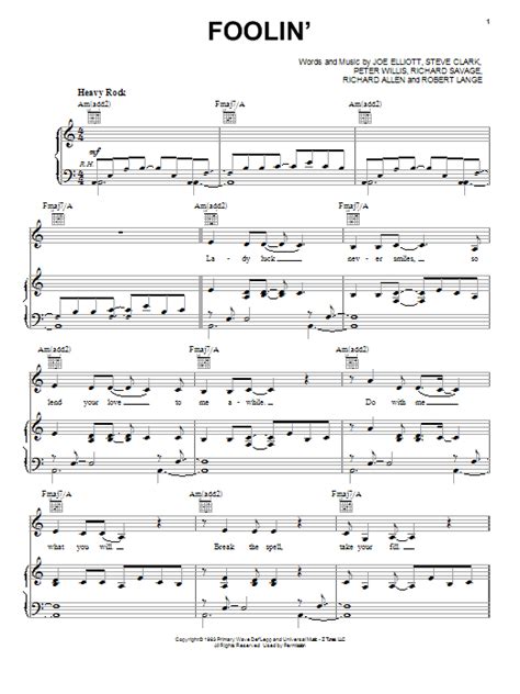 Def Leppard Foolin Sheet Music Notes Chords Piano Vocal And Guitar Right Hand Melody