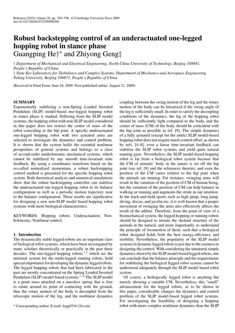 Pdf Robust Backstepping Control Of An Underactuated One Legged Hopping Robot In Stance Phase