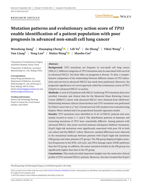 Pdf Mutation Patterns And Evolutionary Action Score Of Tp53 Enable Identification Of A Patient