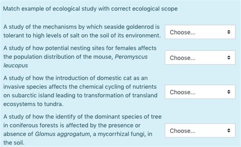 Solved Match Example Of Ecological Study With Correct