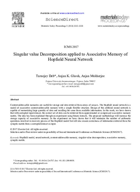 Pdf Singular Value Decomposition Applied To Associative Memory Of