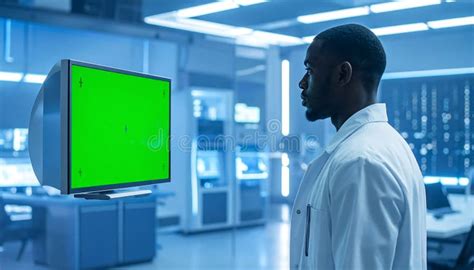 Scientist Observing Data On Green Screen Monitor In Futuristic Lab