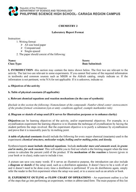 Chem 3 Lab Report Format CHEMISTRY 3 Laboratory Report Format Instruction 1 Writing Format