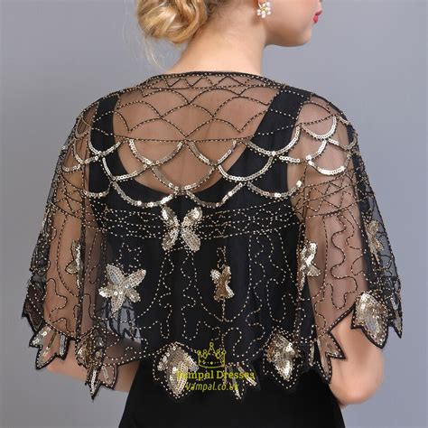 Black Gold 920s Shawl Wraps See Through Mesh Sequin Beaded Evening Cape