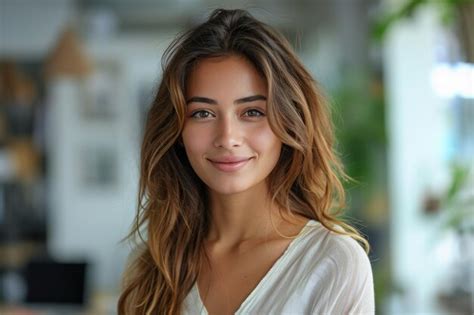 Full Body Business Indian Woman Smart Big Eyes Charming White Woman Smile In Modern