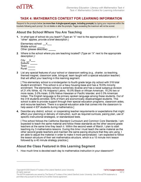 Task 4 Part A Math Context For Learning Template Task 4 Mathematics