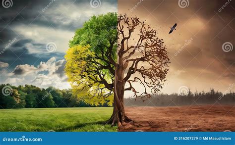 A Tree In A Green Meadow Clear Air With Plants And Air Pollution That