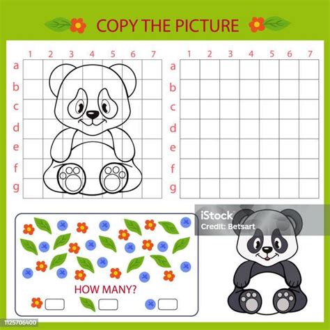 눈금선을 사용 하 여 귀여운 팬더 그림을 복사 합니다 레슨을 그리기 색칠 아이 들 교육을 재미 있는 수수께끼 꼬마 예술 게임입니다 벡터 일러스트입니다 0명에 대한 스톡 벡터