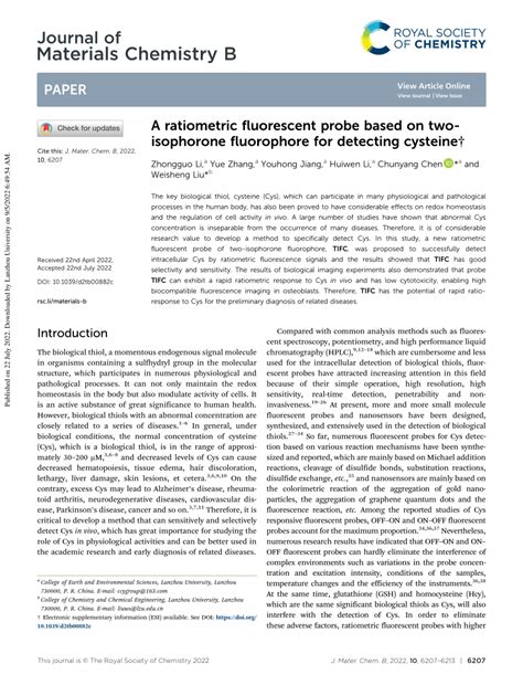 Pdf A Ratiometric Fluorescent Probe Based On Two Isophorone Fluorophore For Detecting Cysteine