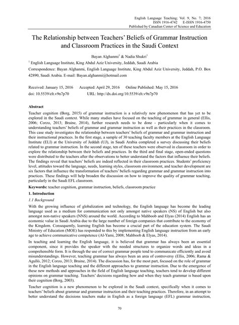 Pdf The Relationship Between Teachers Beliefs Of Grammar Instruction
