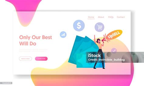 업셀 비즈니스 및 쇼핑 방문 페이지 템플릿의 할인 경고 프로모터 여성 캐릭터 는 메가 폰에 소리 간통에 대한 스톡 벡터 아트 및 기타 이미지 Istock