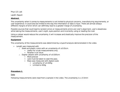 Lab1 First Lab On Uncertainty PHYS 1211 QC CUNY Studocu