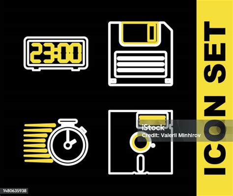 플로피 디스크 525 인치 스톱 워치 및 디지털 알람 시계 아이콘을 설정 합니다 벡터 다중 색상에 대한 스톡 벡터 아트 및 기타