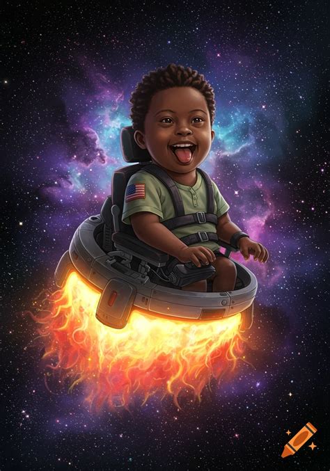 A Happy Bald Black Boy In A Rocket Powered Wheelchair Flies Through A