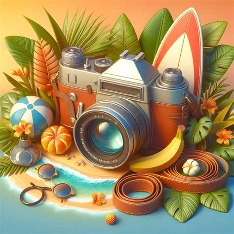 3d Animation Vintage Camera With Beach Scene And Banana Leaves Premium Ai Generated Image