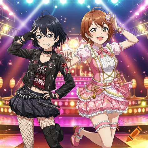 Two Anime Girls On A Brightly Lit Stage One In A Black Rockstar Outfit