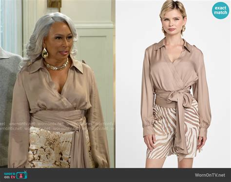 Wornontv Anitas Taupe Wrap Blouse And Printed Wide Leg Pants On