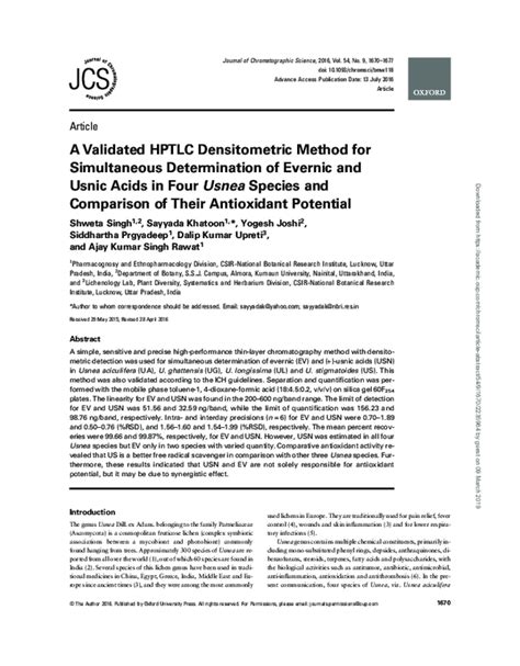 Pdf A Validated Hptlc Densitometric Method For Simultaneous Determination Of Evernic And Usnic