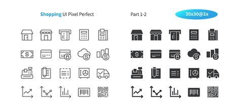 쇼핑 Ui 픽셀 완벽 한 잘 만들어진 벡터 얇은 선 및 고체 아이콘 30 2 그리드 웹 그래픽 및 애플 리 케이 션에 대 한 X 간단한 최소한의 그림 12 부 Qr코드에