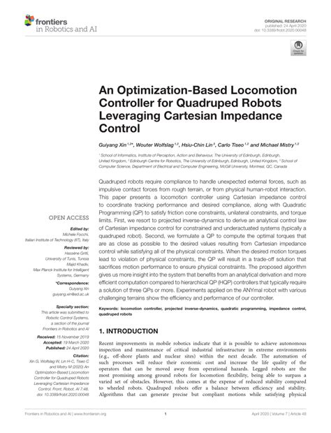 Pdf An Optimization Based Locomotion Controller For Quadruped Robots Leveraging Cartesian