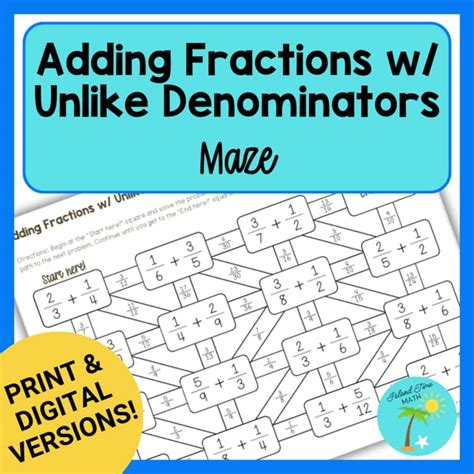 Adding Fractions Unlike Denominators Worksheet Digital Math Activity