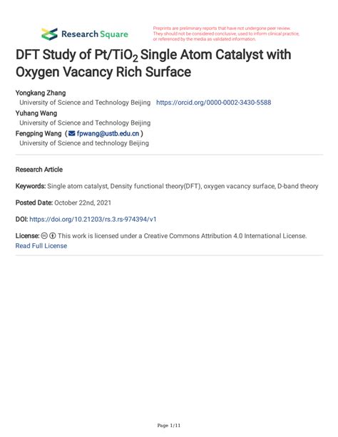 PDF DFT Study Of Pt TiO Single Atom Catalyst With Oxygen Vacancy Rich Surface