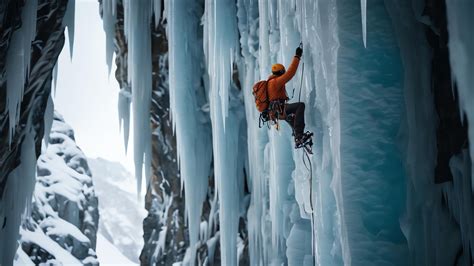 Rock Climbers Are Climbing A Snow Cliff With A Snow Mountain Landscape