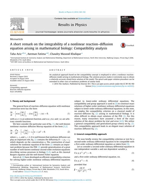 Pdf A Short Remark On The Integrability Of A Nonlinear Reaction