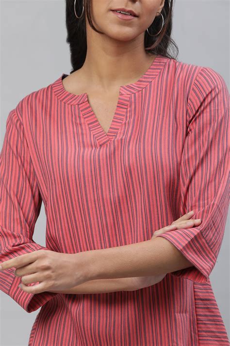 Buy Pink V Neck Short Rayon Kurti With Blue Stripes Online For Woman