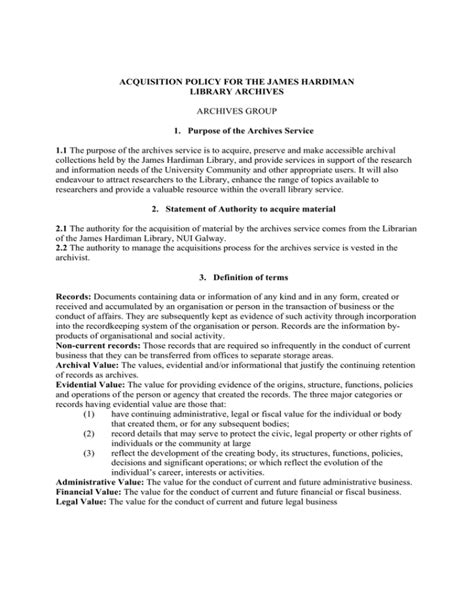 Acquisition Policy For The James Hardiman Library Archives