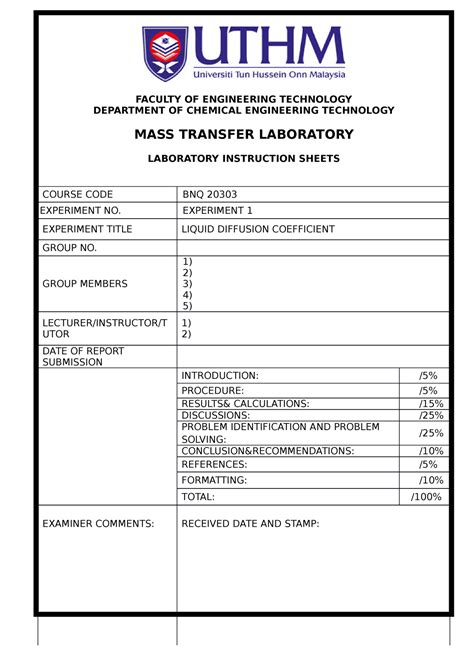 Exp 1 Liquid Diffusion Coefficient Of Problem Identification And Problem Solving Engineering
