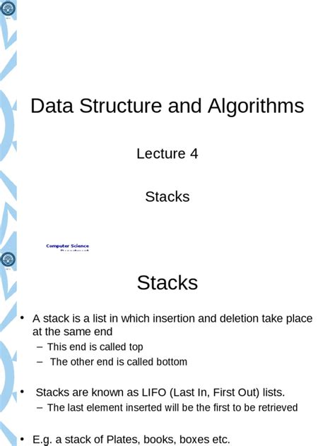 Data Structures And Algorithms Lecture 4 An Introduction To Stacks Pdf Array Data Structure