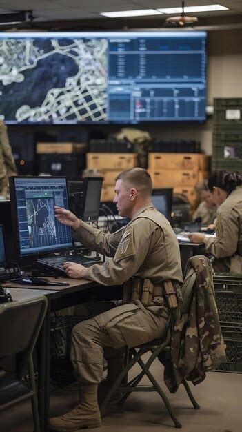 Infantry Unit Trooper Analyzing Intelligence Gathered From Satellite System Premium Ai