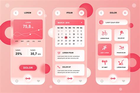 모바일 응용 프로그램에 대한 피트니스 운동 호형성 요소 키트 스포츠 활동 추적기 체중 그래프 캘린더 플래너 Ui Ux Gui 화면 세트 유리 형태 디자인의 템플릿의 벡터