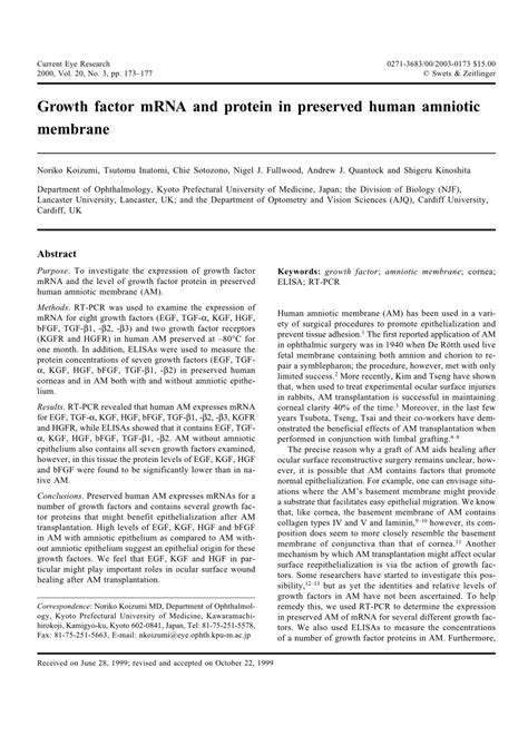 Pdf Growth Factor Mrna And Protein In Preserved Human Amniotic Membrane