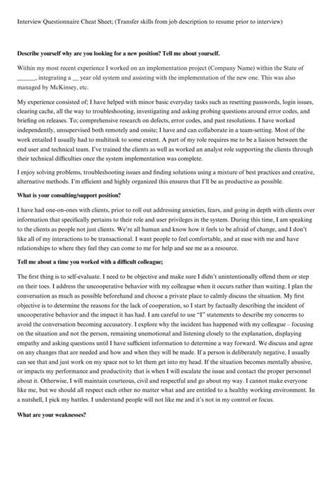 Editable Interview Questionnaire Cheat Sheet With Answers Nail The