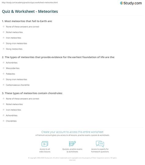 Quiz And Worksheet Meteorites