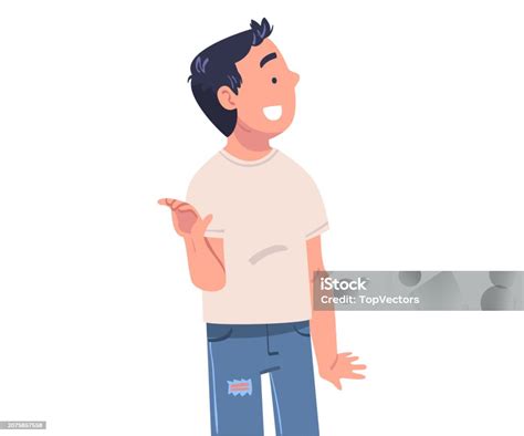 행복하다 십대 소년 서 있는 와 미소 보여주기 손 몸짓 벡터 일러스트 감정에 대한 스톡 벡터 아트 및 기타 이미지 감정