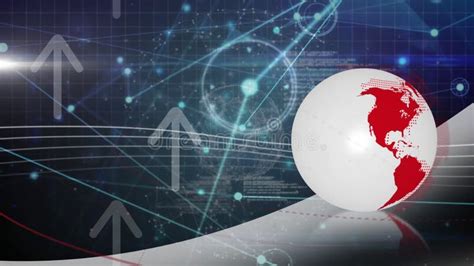 Animation Of Globe And Up Arrows Over Connected Dots Forming Globes And